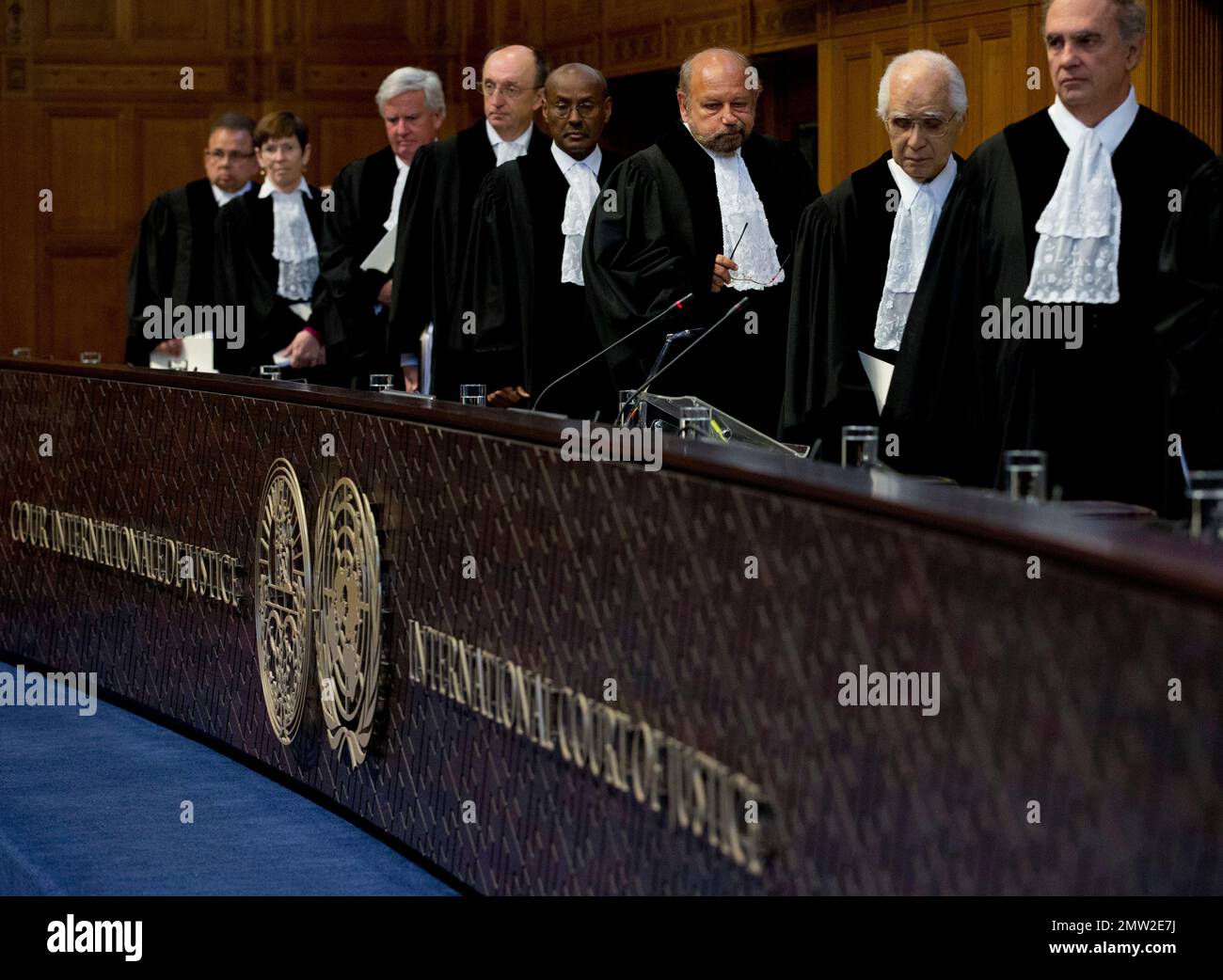 Presiding judge Ronny Abraham of France, third from right, and other ...