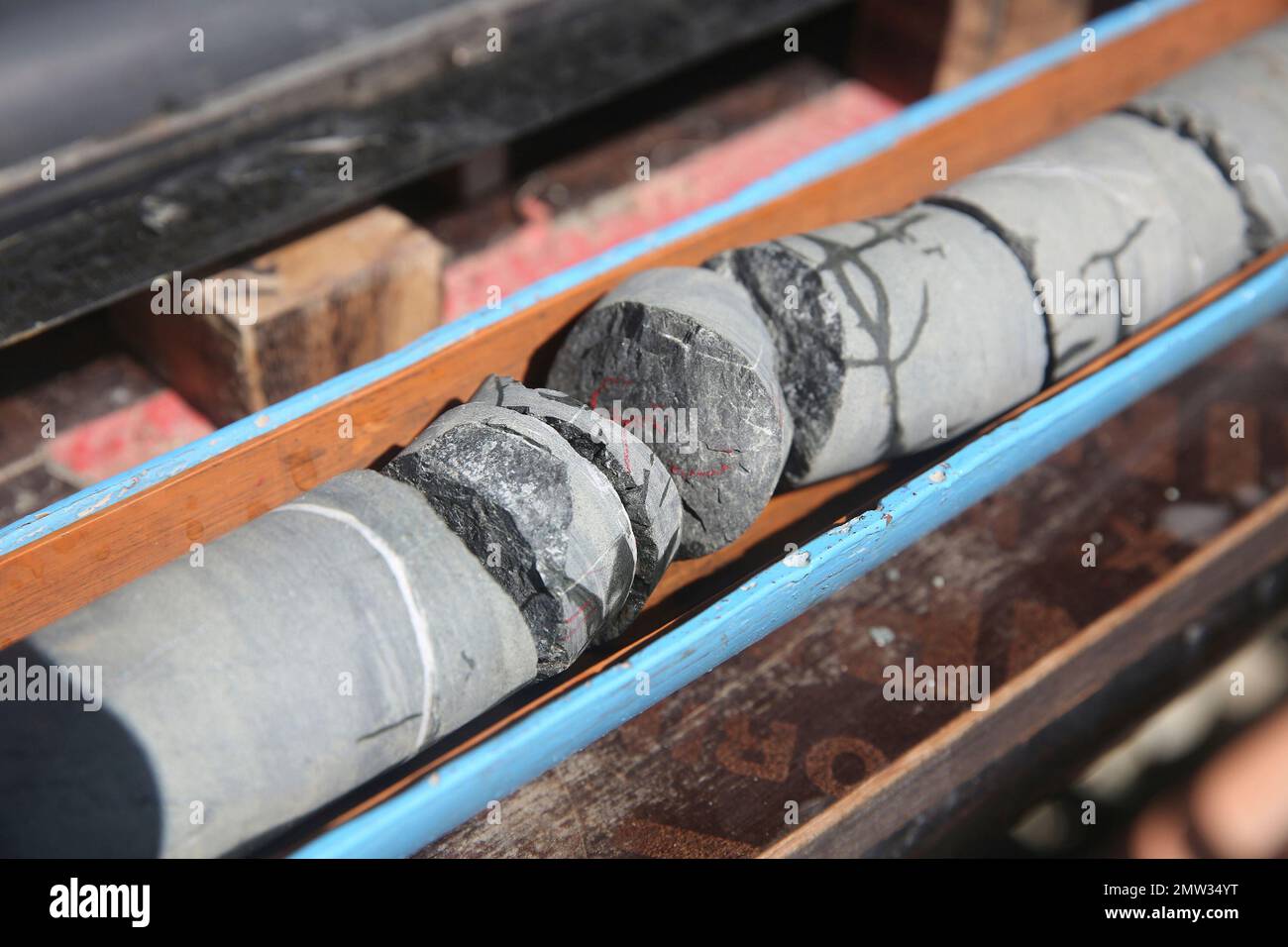 This March 1, 2017 photo, shows sections of a rock core extracted ...