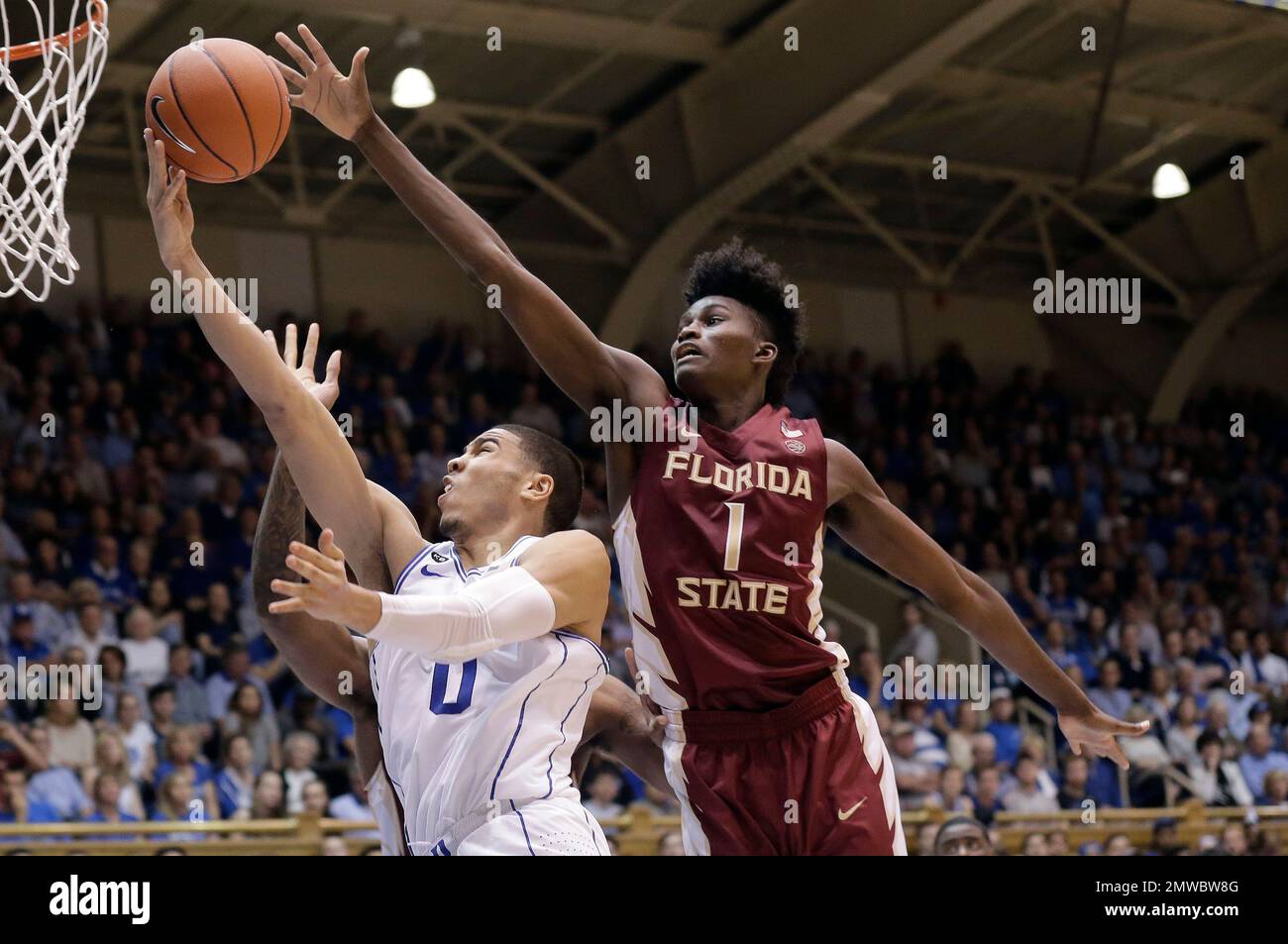 Duke's Jayson Tatum (0) drives to the basket as Florida State's ...