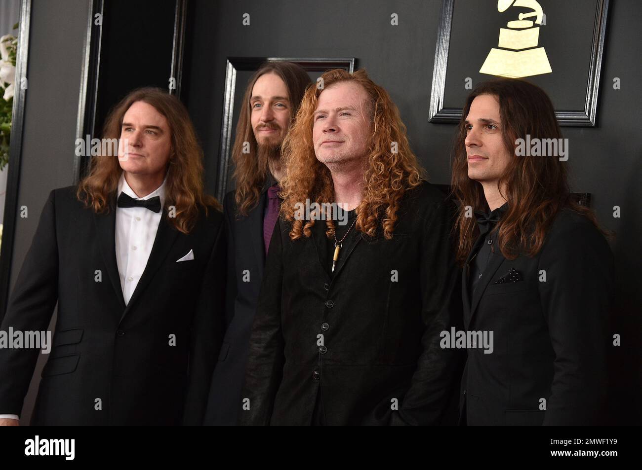 David Ellefson, from left, Dirk Verbeuren, Dave Mustaine, and Kiko Loureiro of the musical group ...