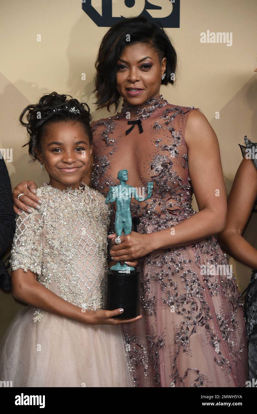 Saniyya Sidney, left, and Taraji P. Henson pose in the press room with ...