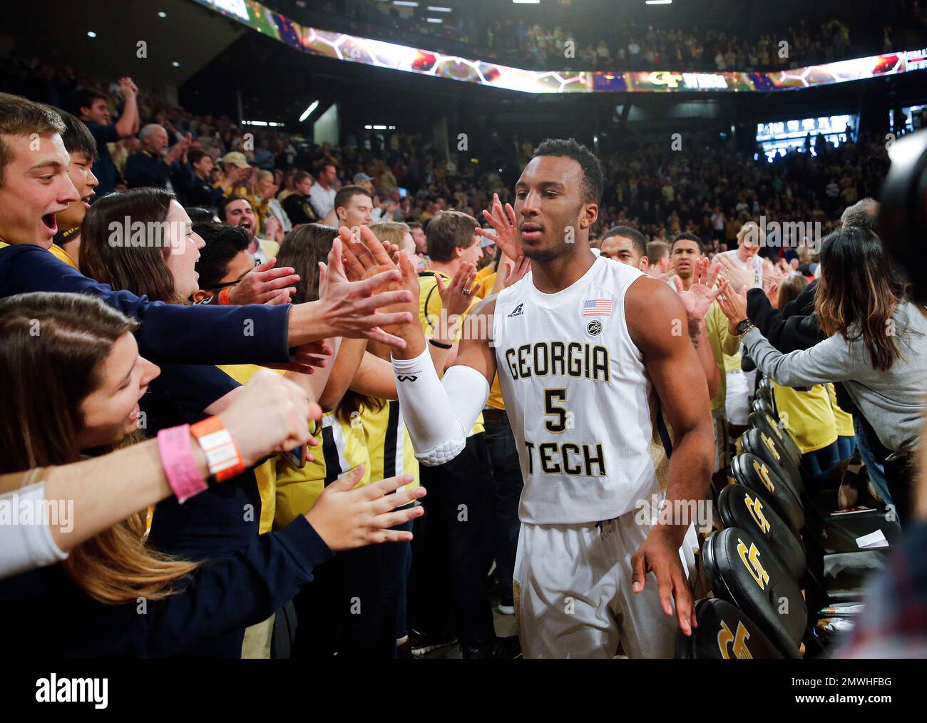 Georgia Tech guard Josh Okogie (5) celebrates with fans after defeating ...