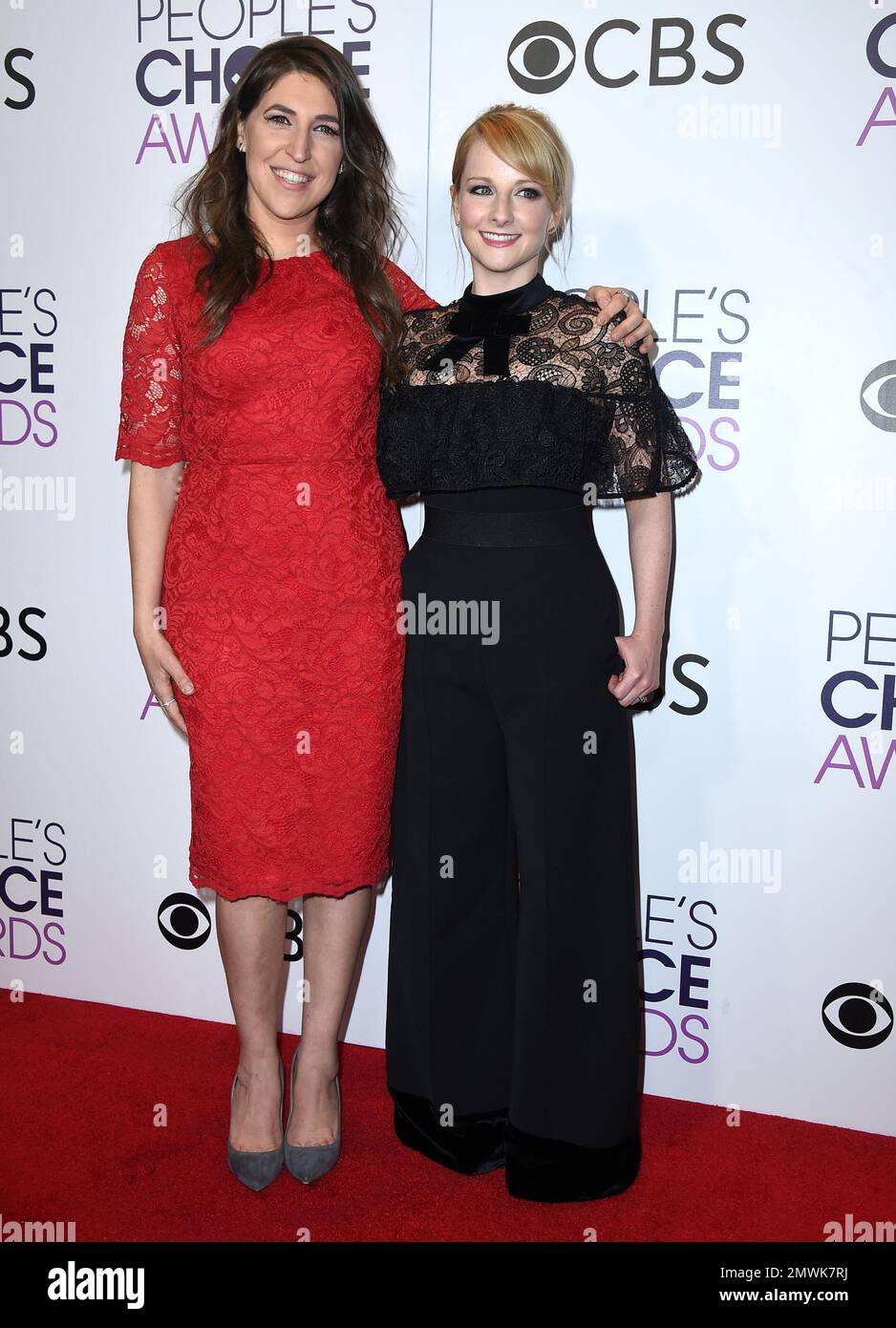 Mayim Bialik, left, and Melissa Rauch pose in the press room with the ...