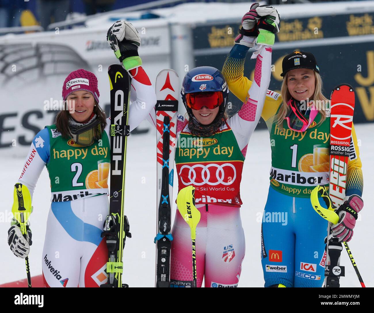 From left, Switzerland's Wendy Holdener, second placed, Mikaela ...