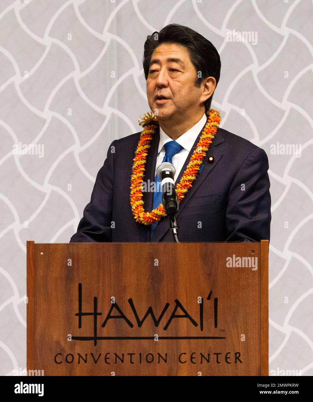 Japanese Prime Minister Shinzo Abe addresses the guests at a dinner ...