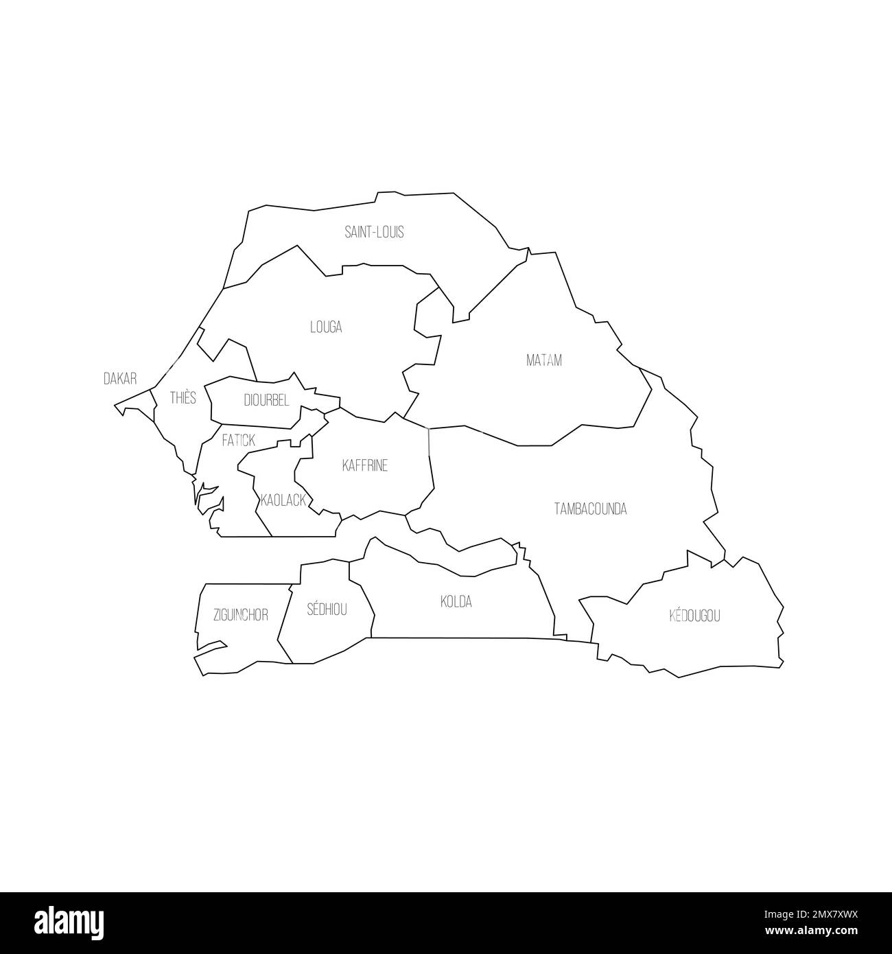 Senegal: Politische Karte der Verwaltungseinheiten Stock-Vektorgrafik ...