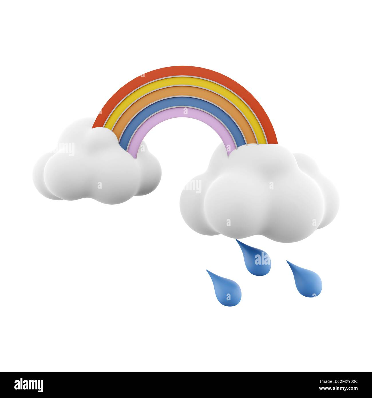 3D-Darstellung des Symbols Regenbogen mit Regen und Wolken. 3D Rendern ...