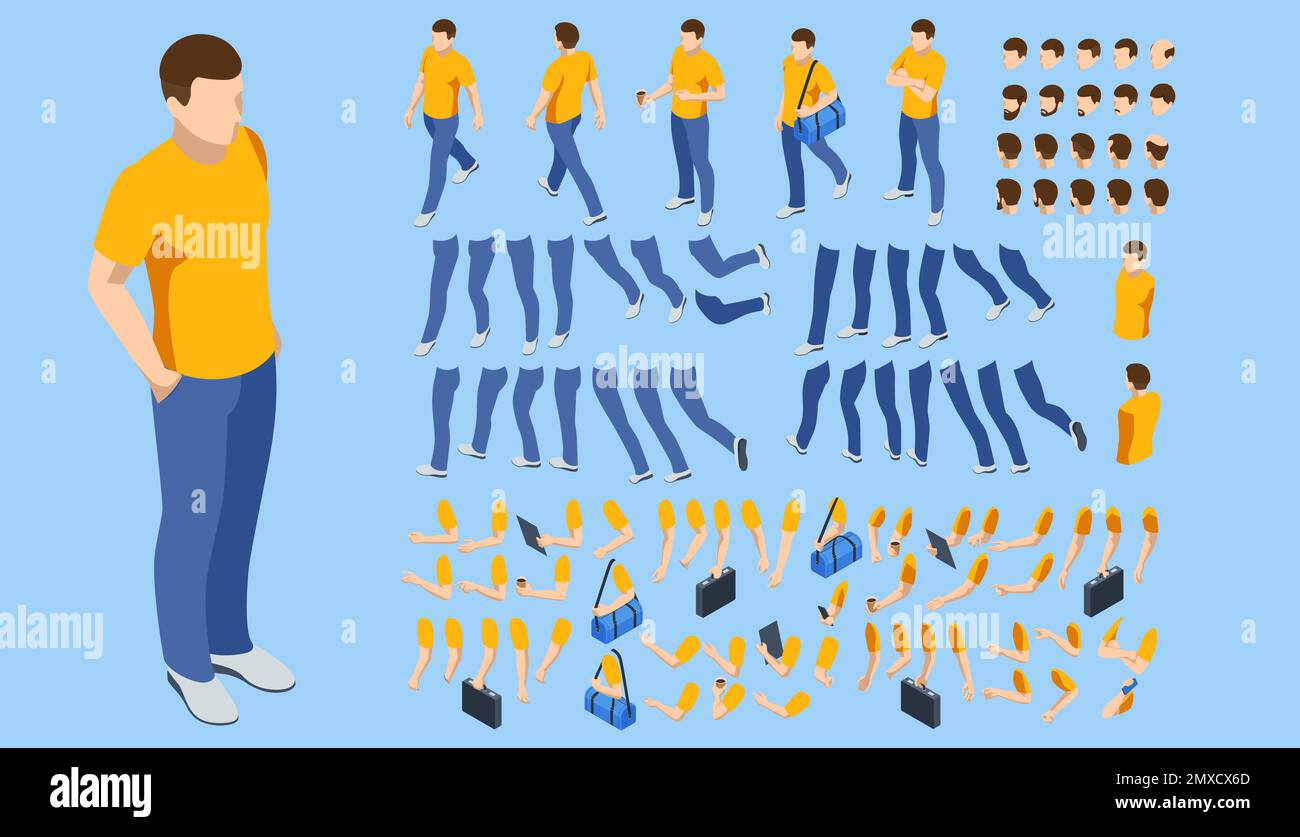 Isometrischer man-Character-Konstruktor für Beschreibung. Eine flache ...