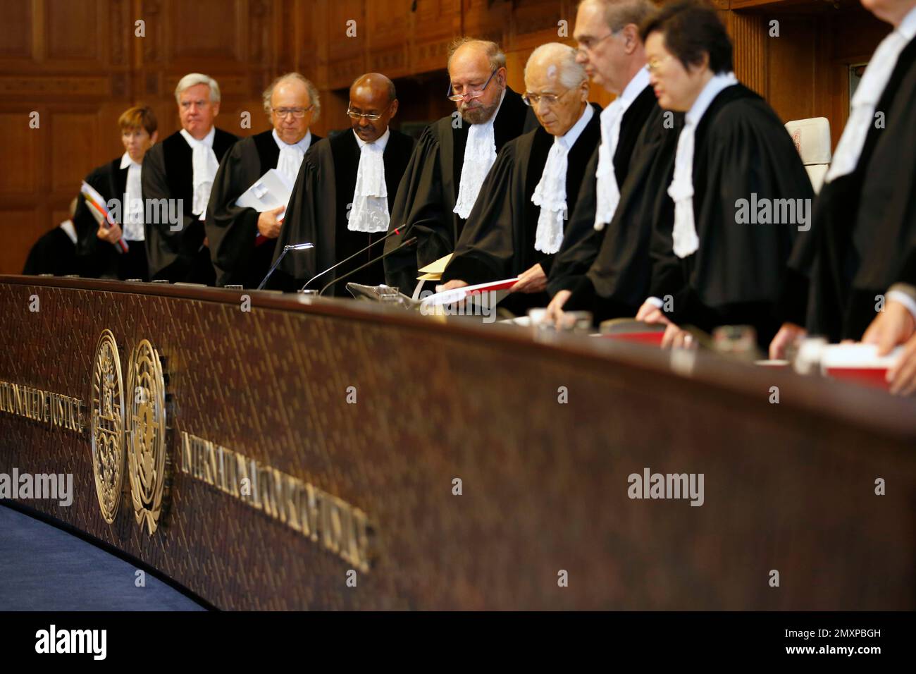 Judges, with presiding judge Ronny Abraham of France, fifth from left ...