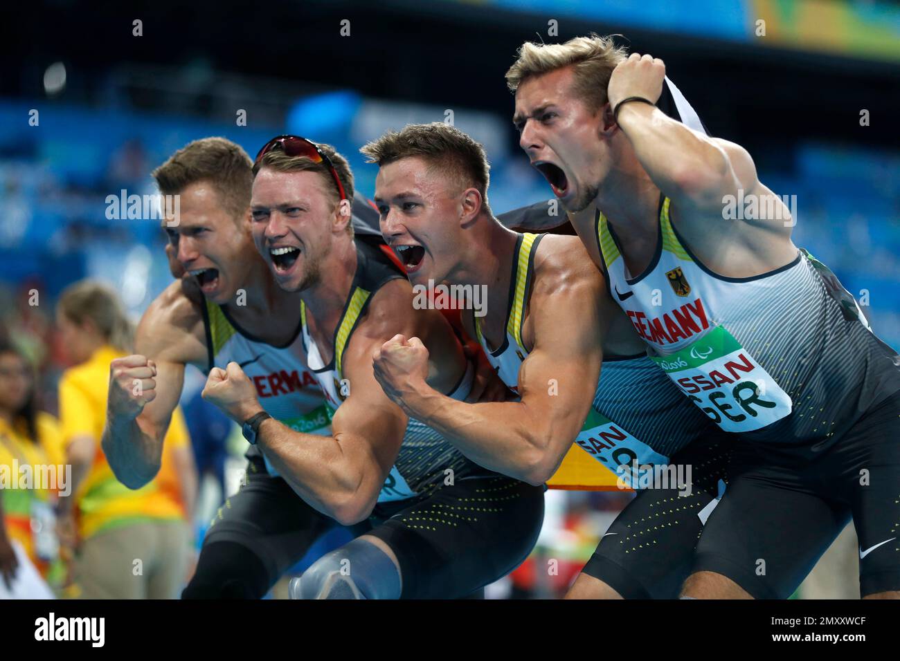 In this Monday, Sept. 12, 2016 photo, winners of the gold medal in the ...