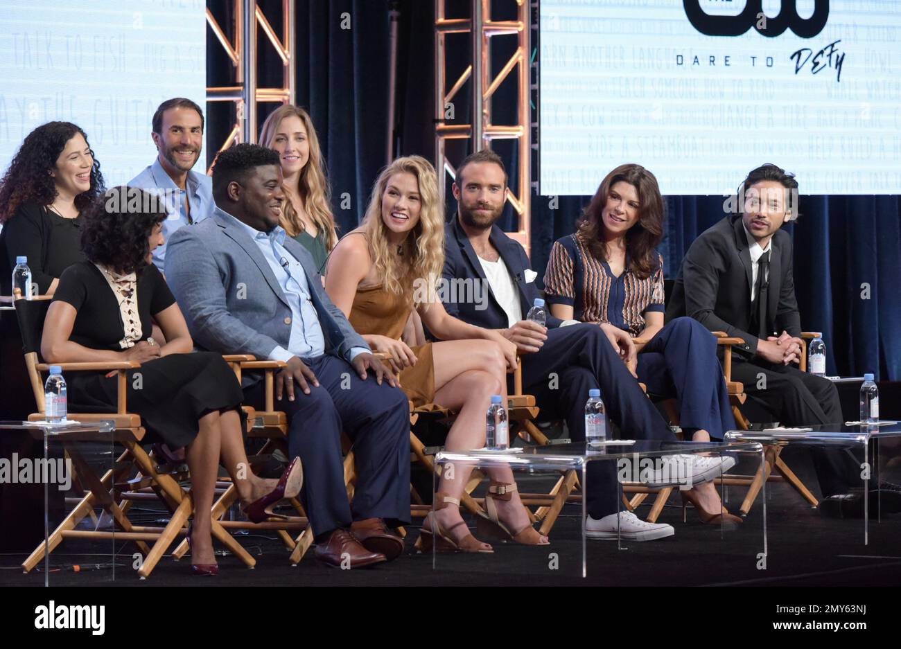 Executive producers Maggie Friedman, from back row left, Ben Silverman, Corinne Brinkerhoff, and ...