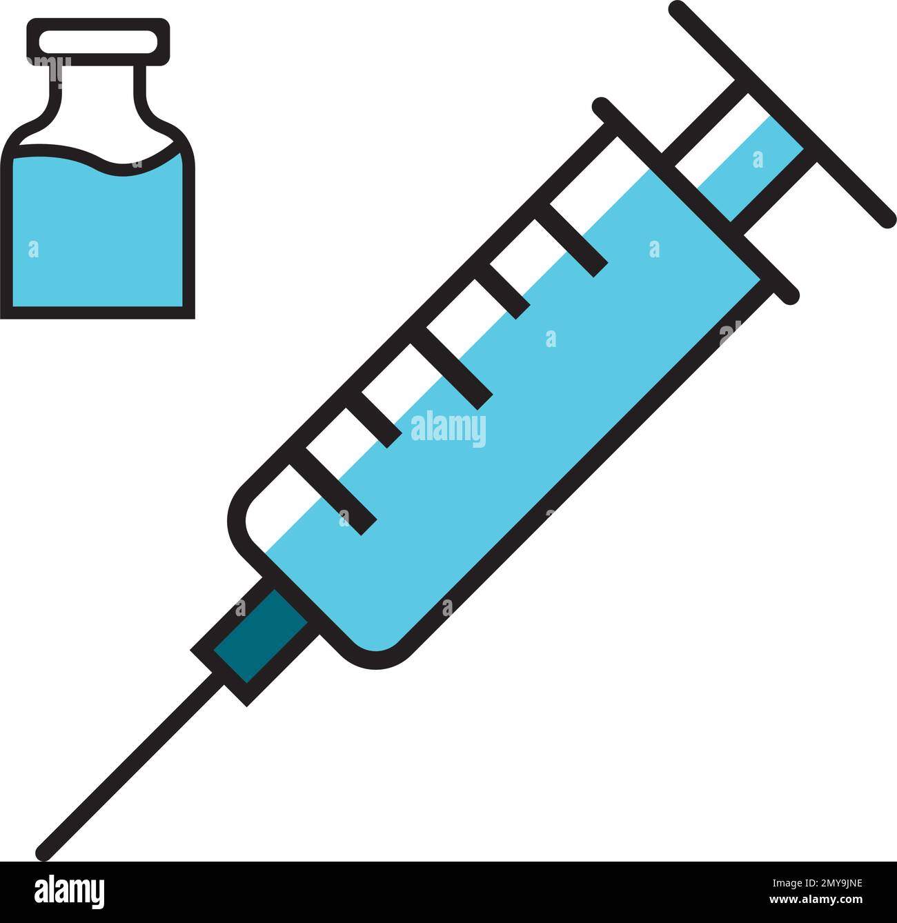 Lineares Symbol für die Impfung. Spritze mit Fläschchen. Häufige ...