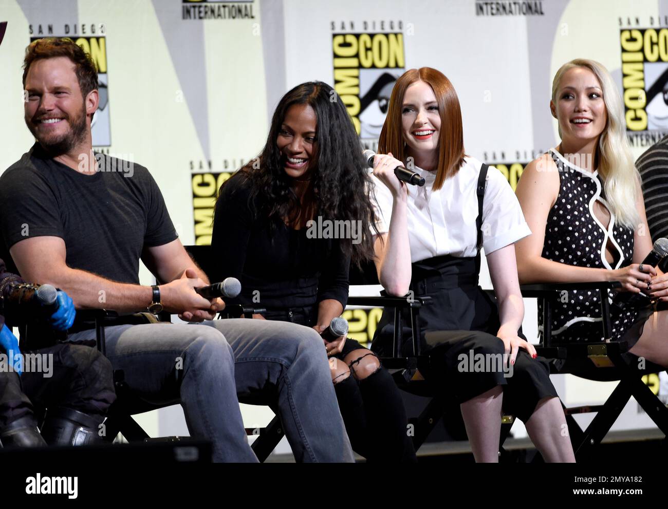 Chris Pratt, from left, Zoe Saldana, Karen Gillan and Pom Klementieff ...