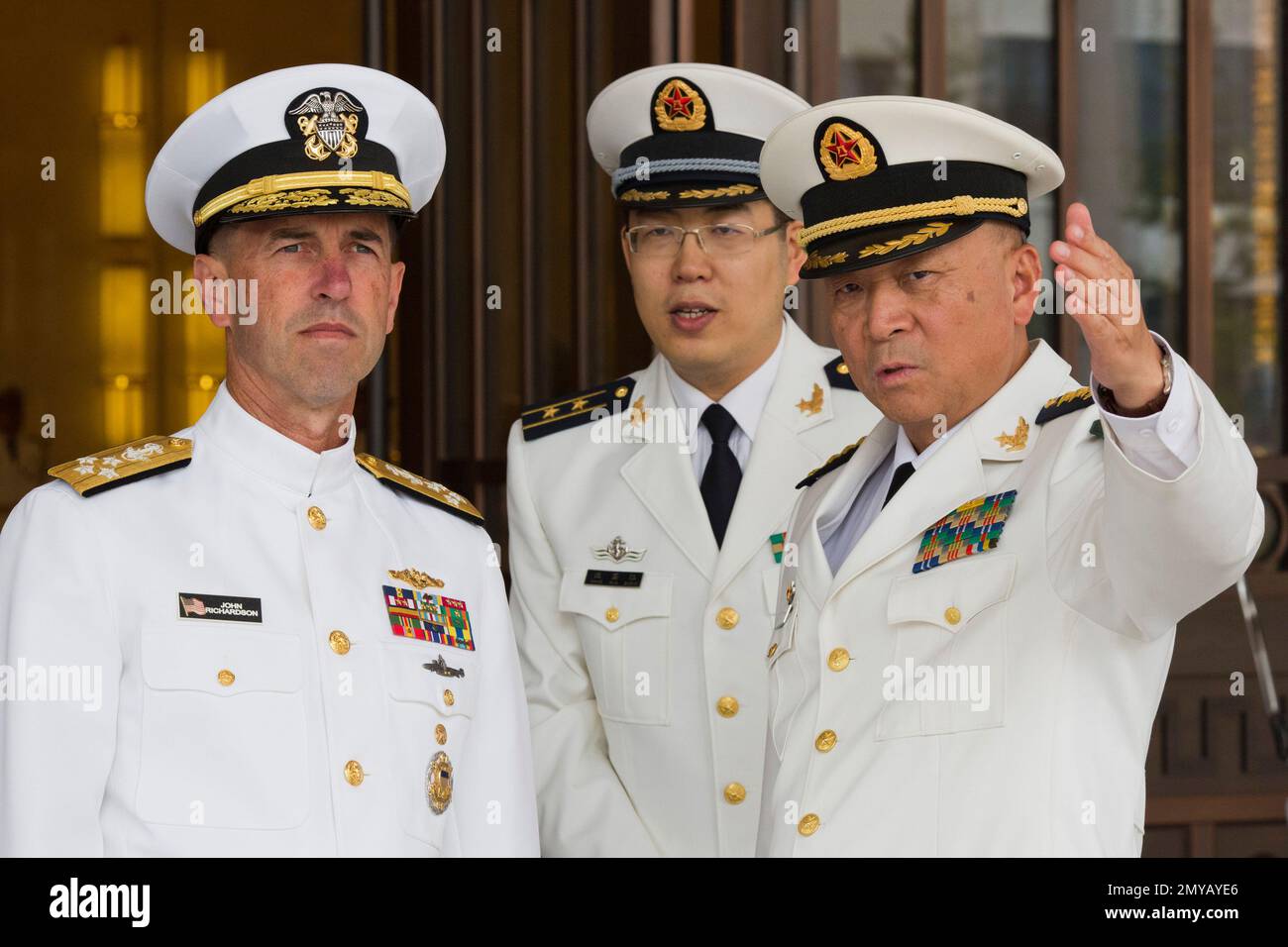 Commander of the Chinese Navy Adm. Wu Shengli, right, points out the ...