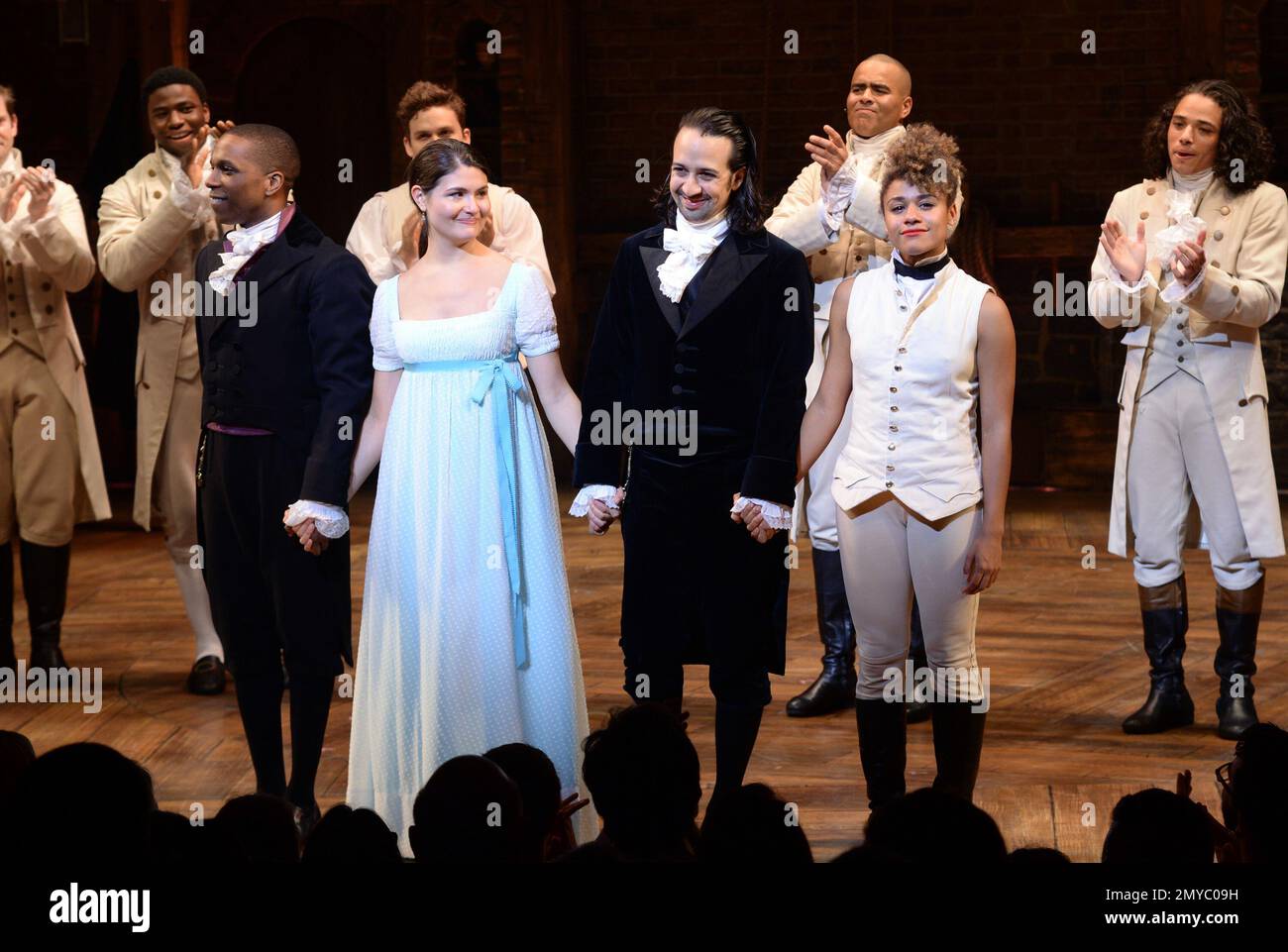 Actors Leslie Odom Jr Left Phillipa Soo Lin Manuel Miranda And