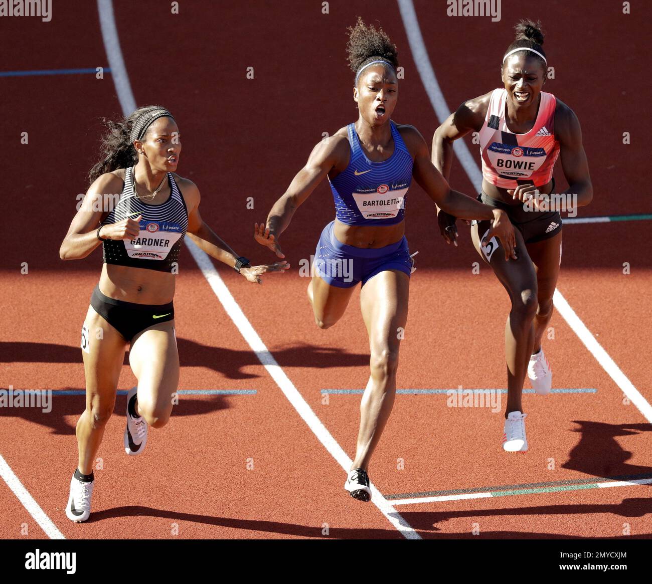 English Gardner, winner, from left, second place, Tianna Bartoletta ...
