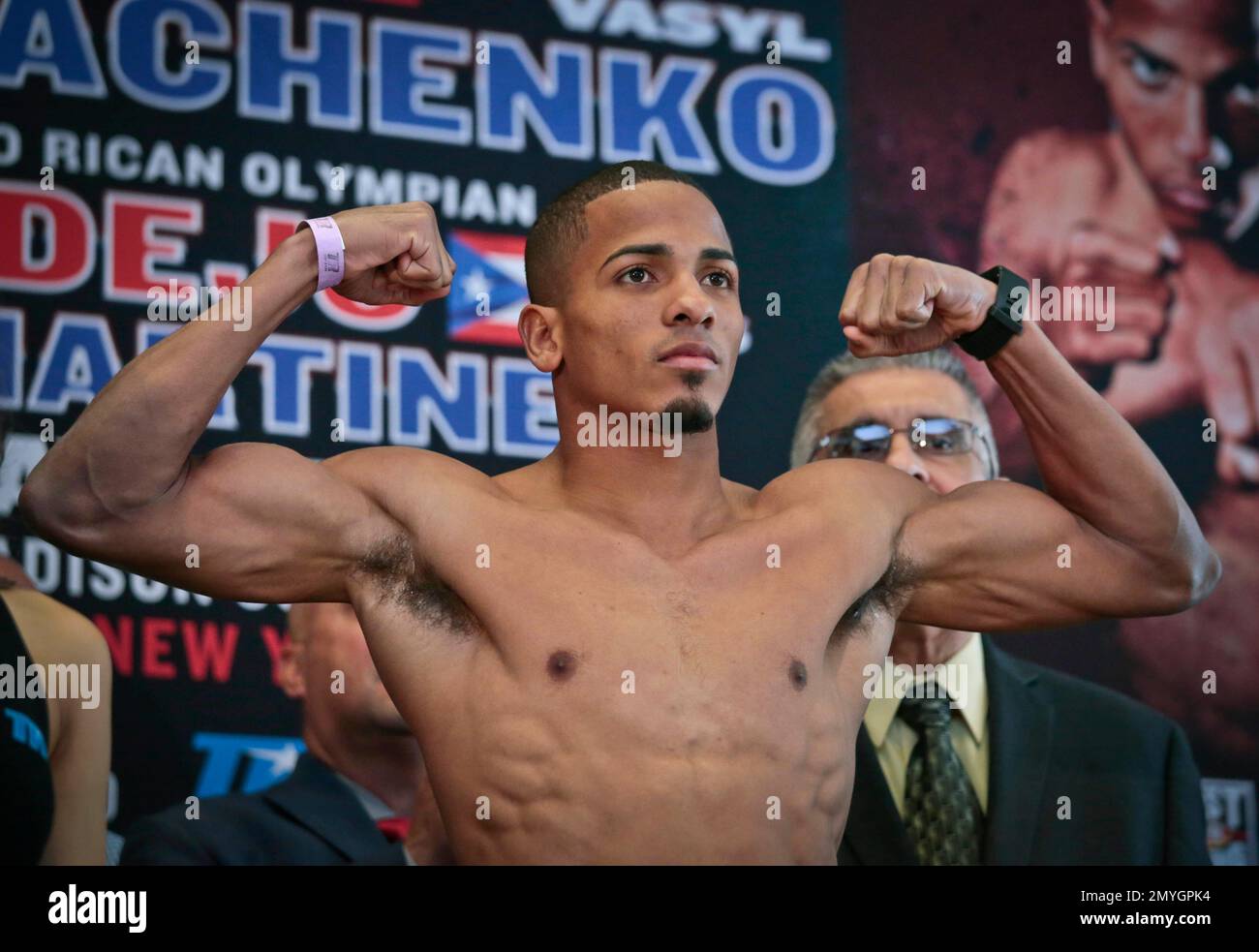 Puerto Rican boxer Felix Verdejo poses after his weigh-in, Friday June ...