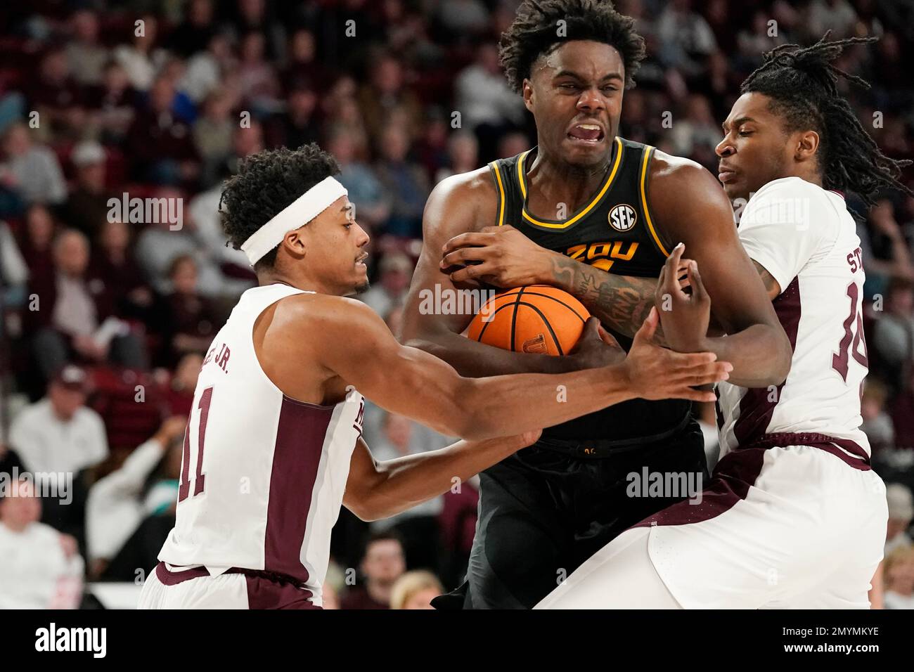 Missouri guard Kobe Brown (24) is double-teamed by Mississippi State ...