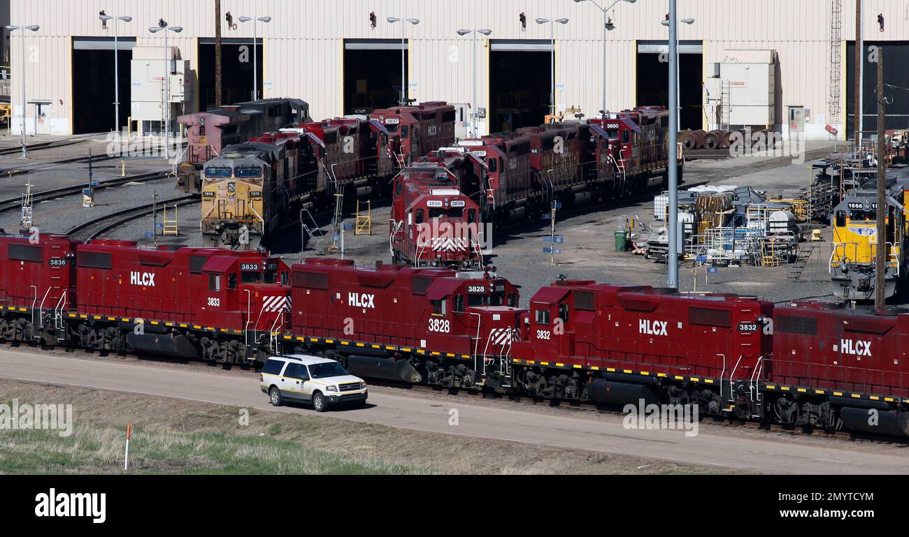 Locomotives are stacked up outside the repair shop in the Union Pacific Railroad's Bailey Yard ...