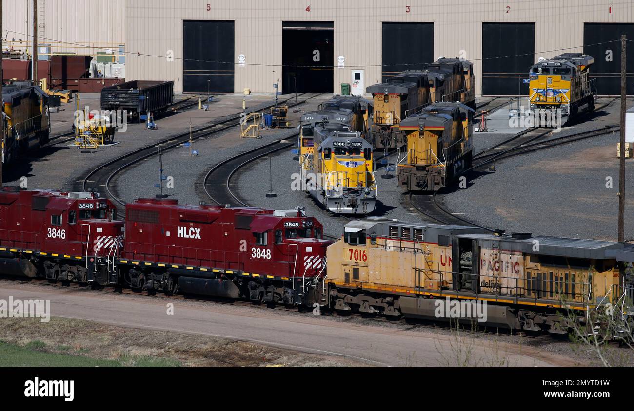 Locomotives are stacked up outside the repair shop in the Union Pacific Railroad's Bailey Yard ...
