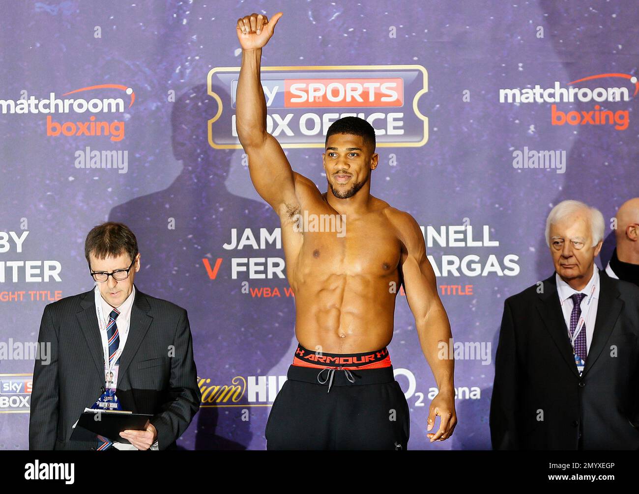 Anthony Joshua of Britain poses for the public during the boxing weigh ...