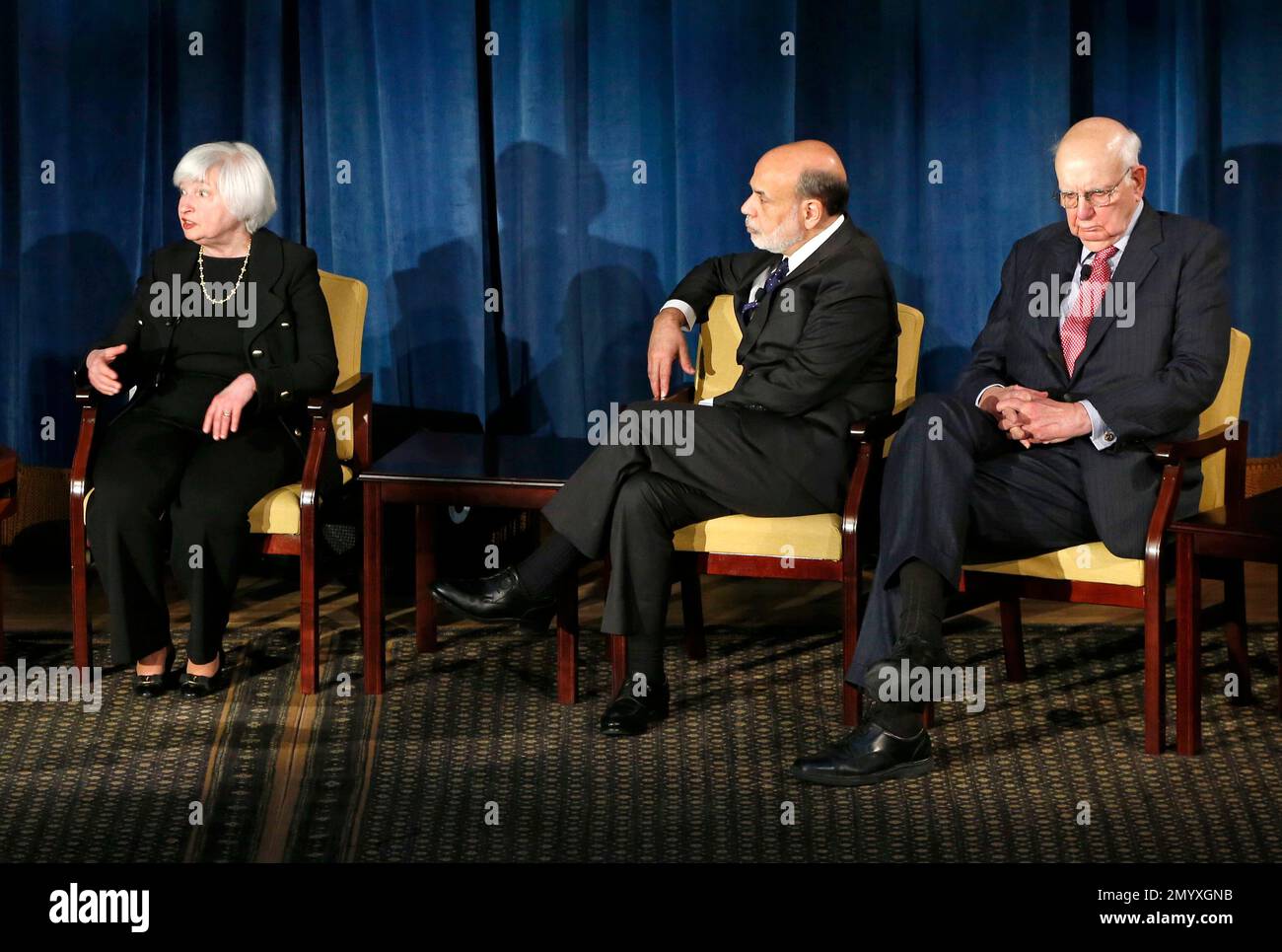 From left, Federal Reserve chair Janet Yellen speaks as former Federal ...