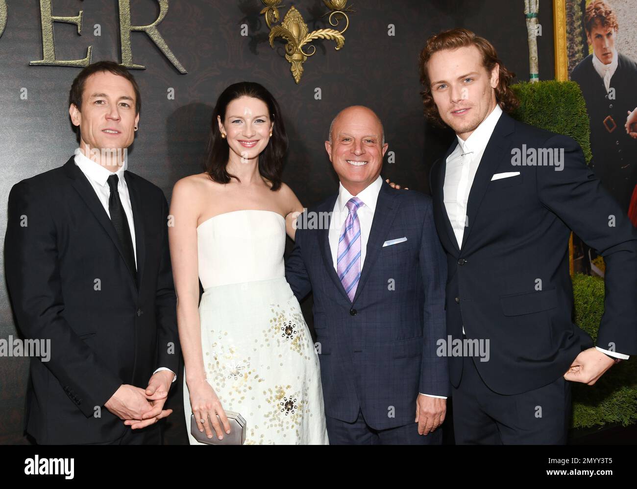 Actor Tobias Menzies, left, actress Caitriona Balfe, Starz CEO Chris ...