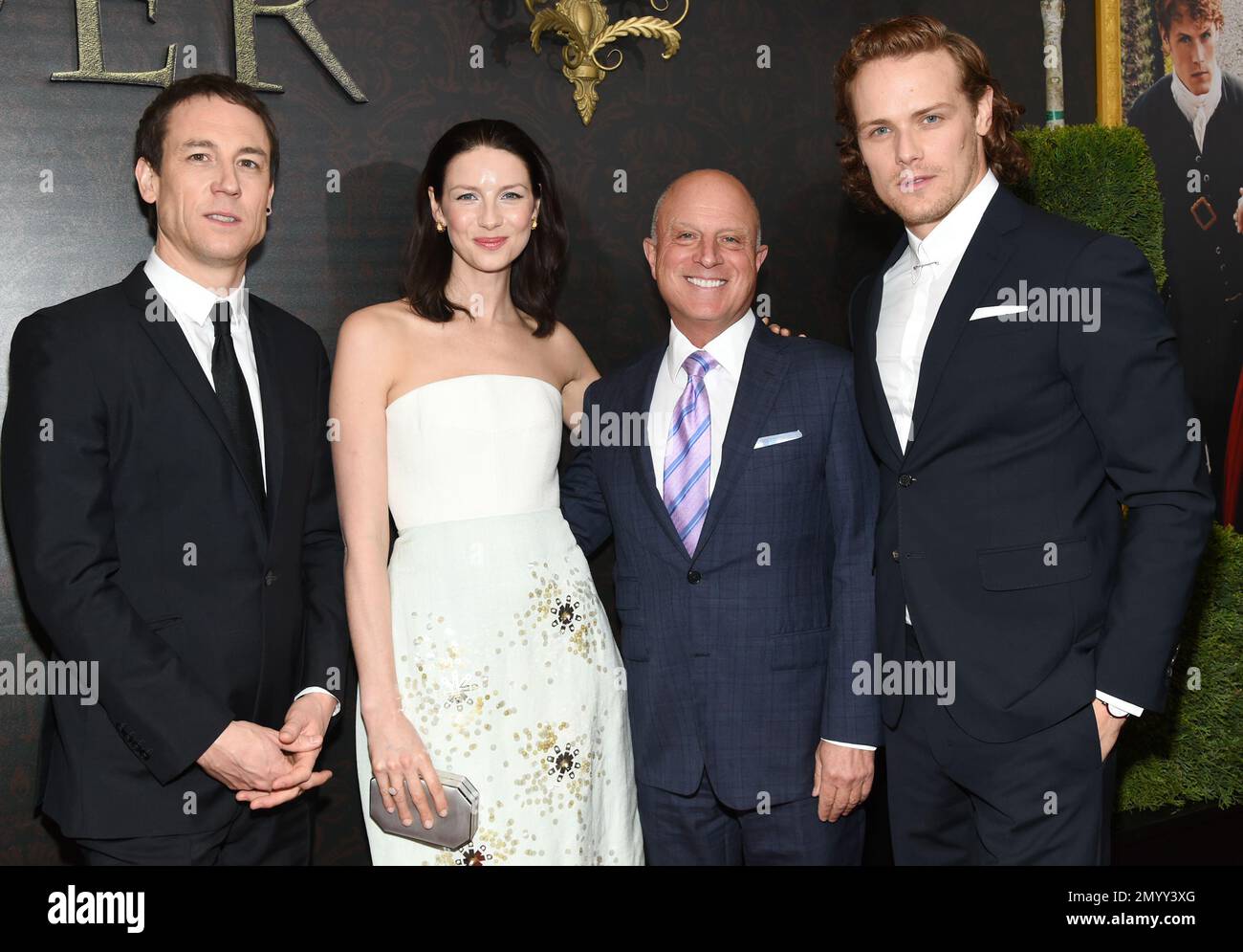 Actor Tobias Menzies, left, actress Caitriona Balfe, Starz CEO Chris ...