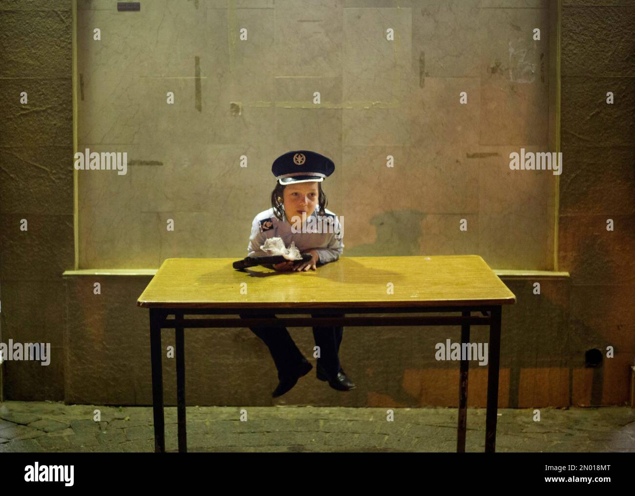 A boy plays out side a synagogue of the Tzanz Hasidic dynasty community ...