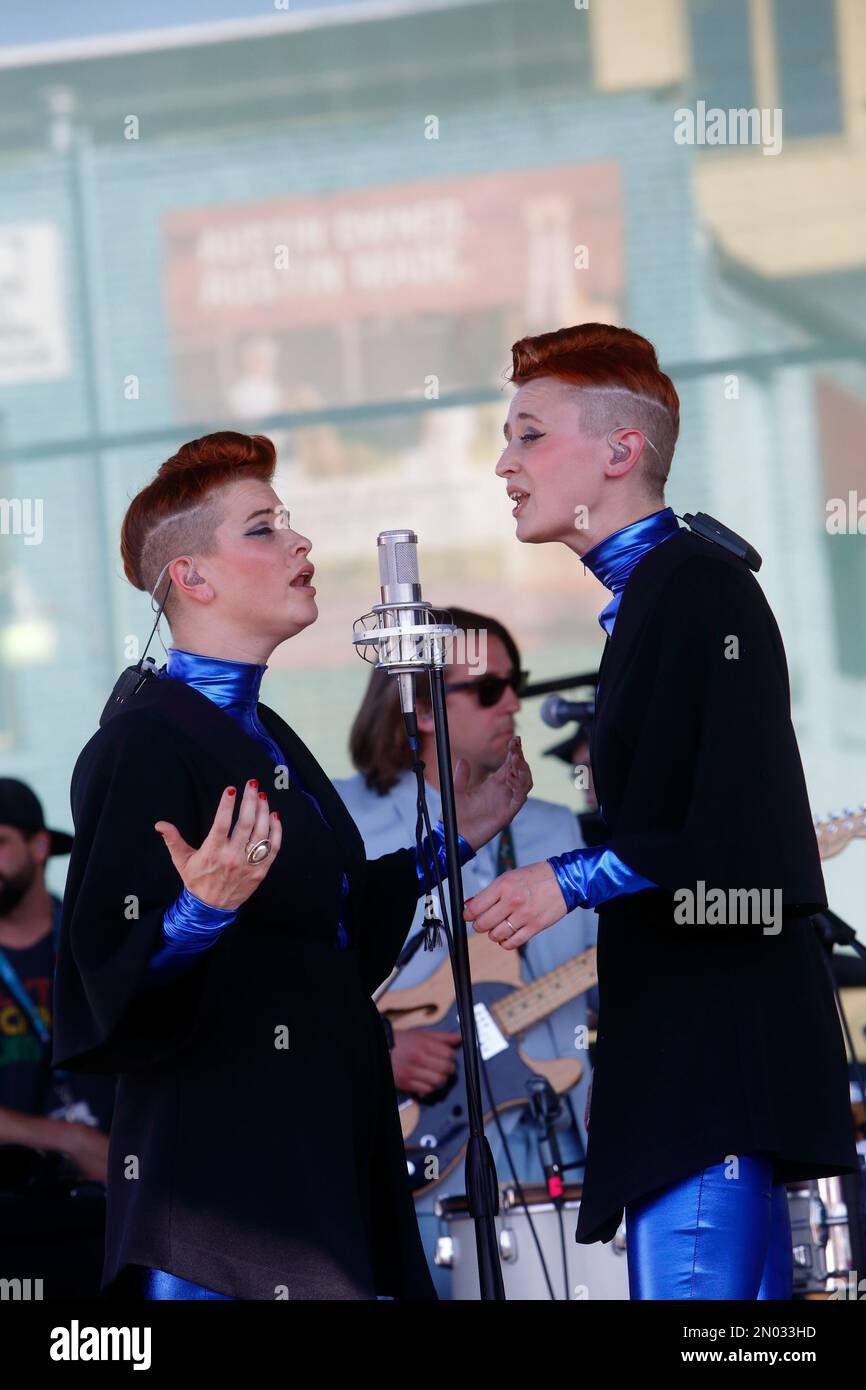 Jess Wolfe (left) and Holly Laessig of Lucius performs at the Spotify ...