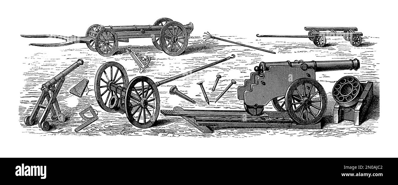 Abbildung aus dem 19. Jahrhundert mit französischen Artilleriewaffen und Werkzeugen aus dem 24 ...