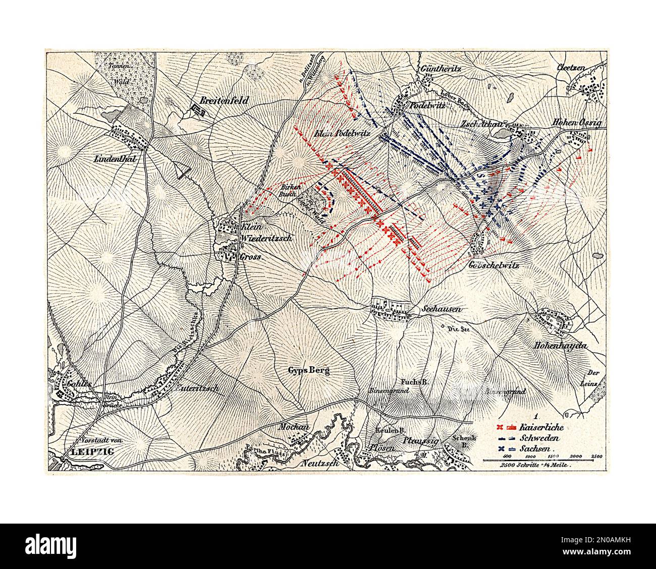 Antike Gravur der Schlacht bei Breitenfeld 1631. Es führte zum ersten ...