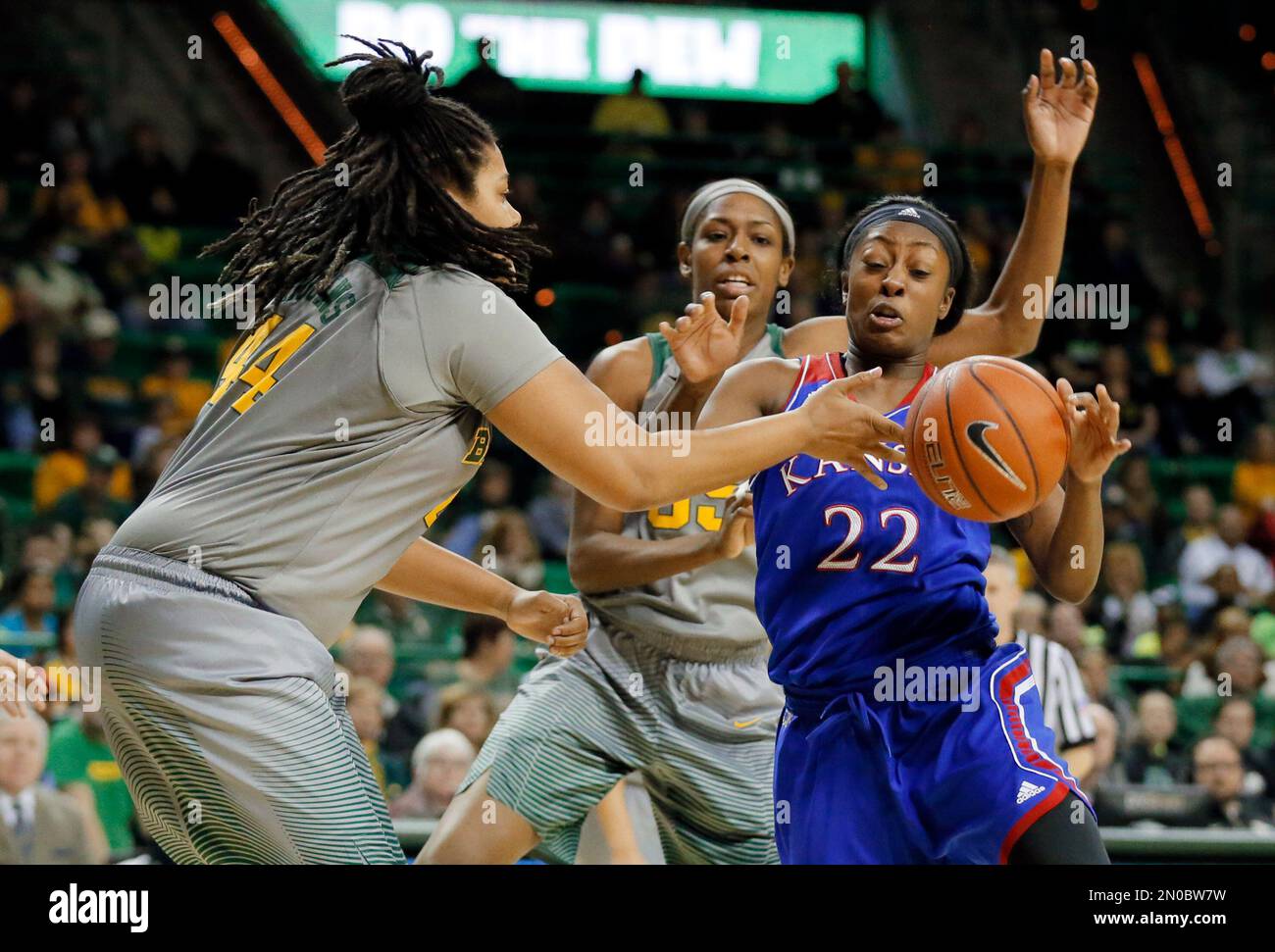 Baylor's Kristina Higgins (44) and Khadijiah Cave, rear, combine to ...