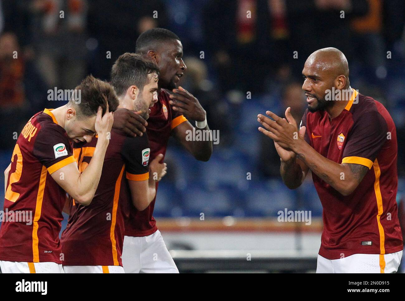 Roma’s Miralem Pjanic, left, celebrates with teammates Stephan El ...