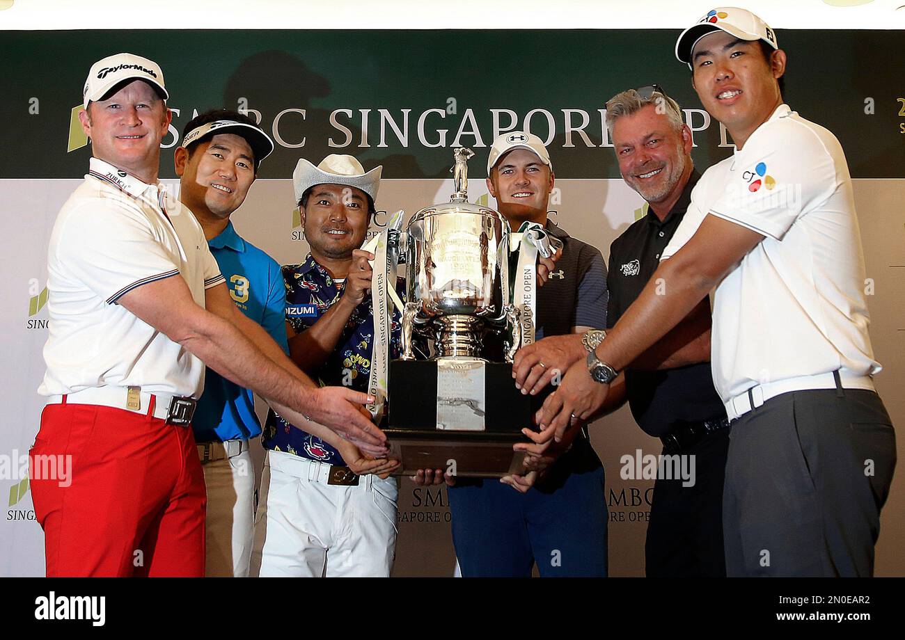 Golfers, from left to right, Jamie Donaldson of Wales, Y. E Yang of ...