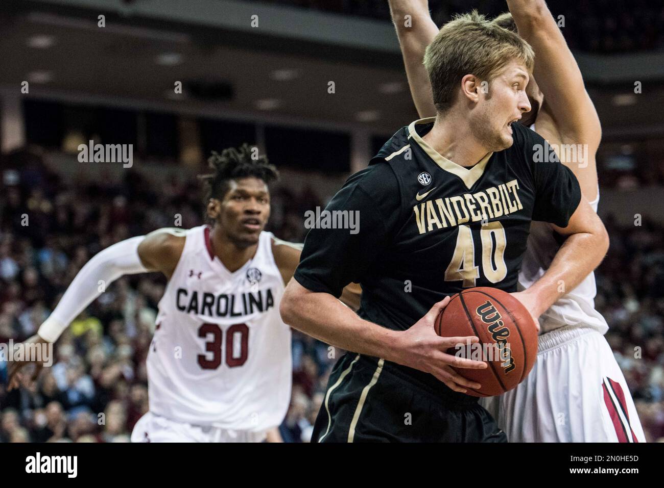 Vanderbilt center Josh Henderson (40) drives to the hoop during the ...