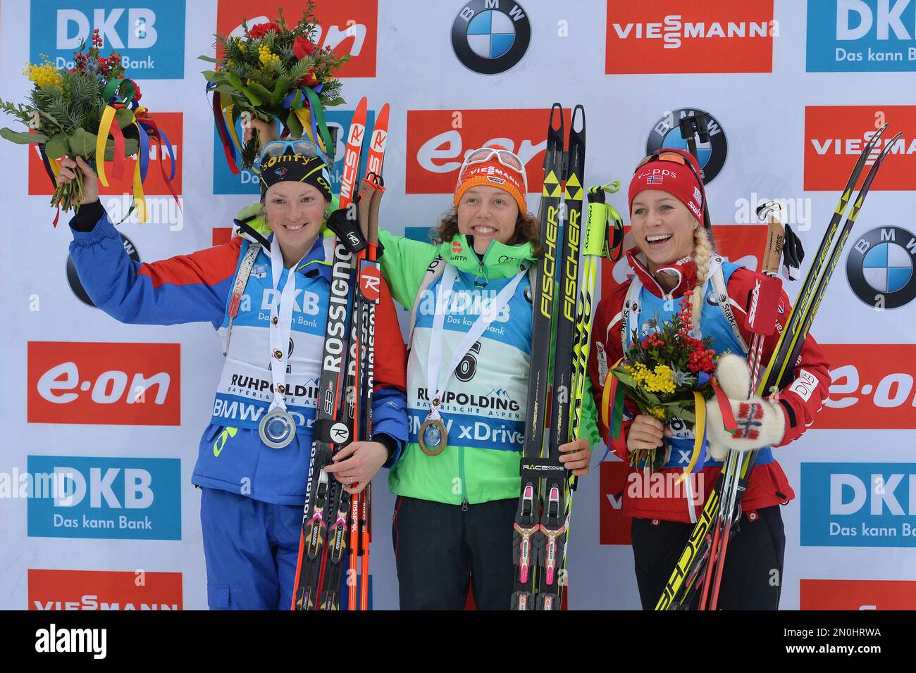 Germany's winner Laura Dahlmeier , center, France's second placed Marie ...