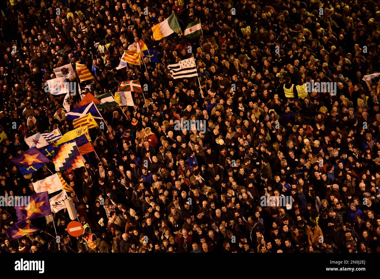 Pro-independence Basque demonstrators hold regional independence flags ...