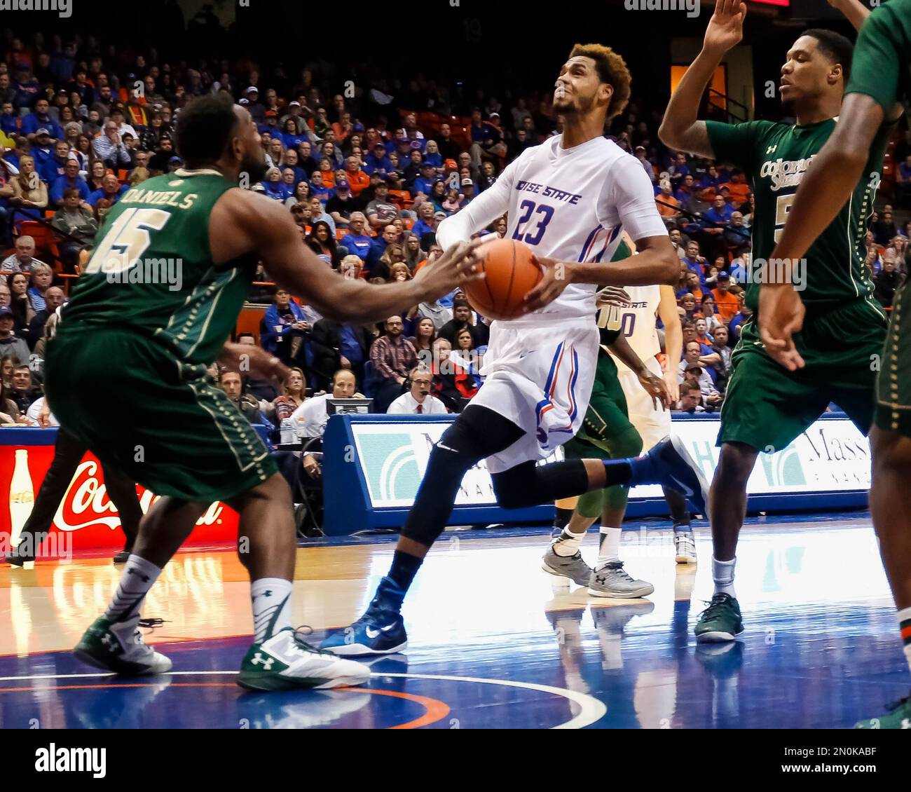 Boise State's James Webb III (23) looks to the basket as Colorado State's Tiel Daniels (15 ...
