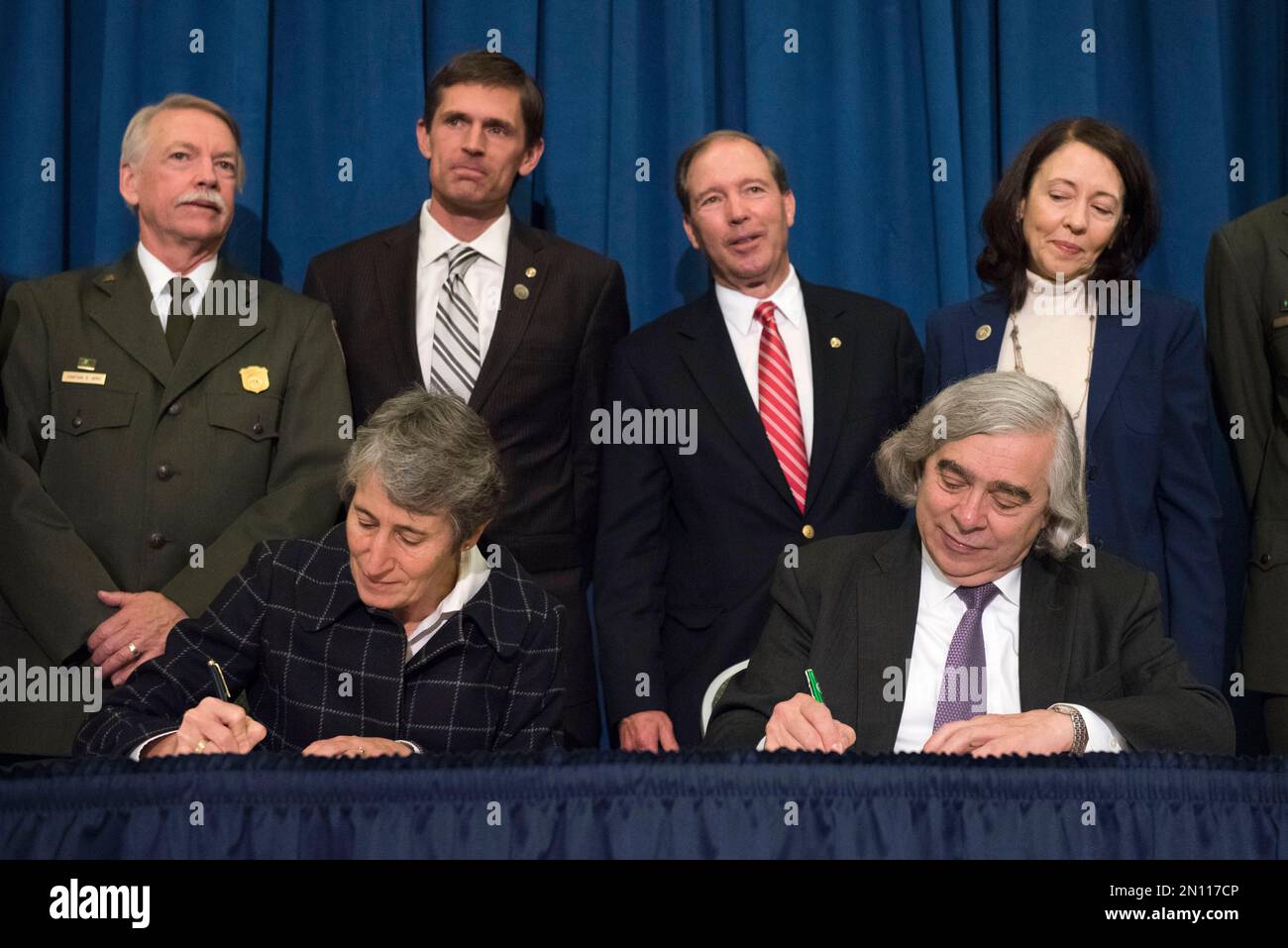 Interior Secretary Sally Jewell, seated left, and Energy Secretary ...