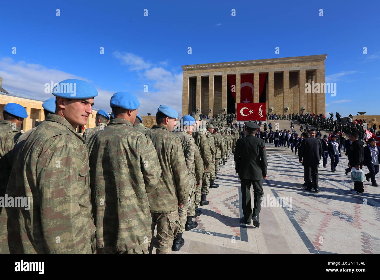 Turkish army's blue berets walk to his mausoleum as thousands of students, army officers and ...