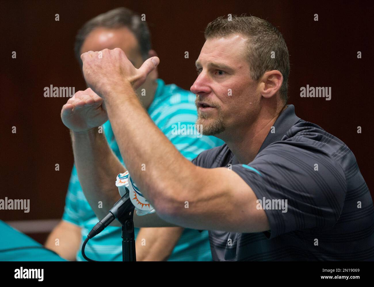 Former Miami Dolphins tight ends coach Dan Campbell gestures as he ...