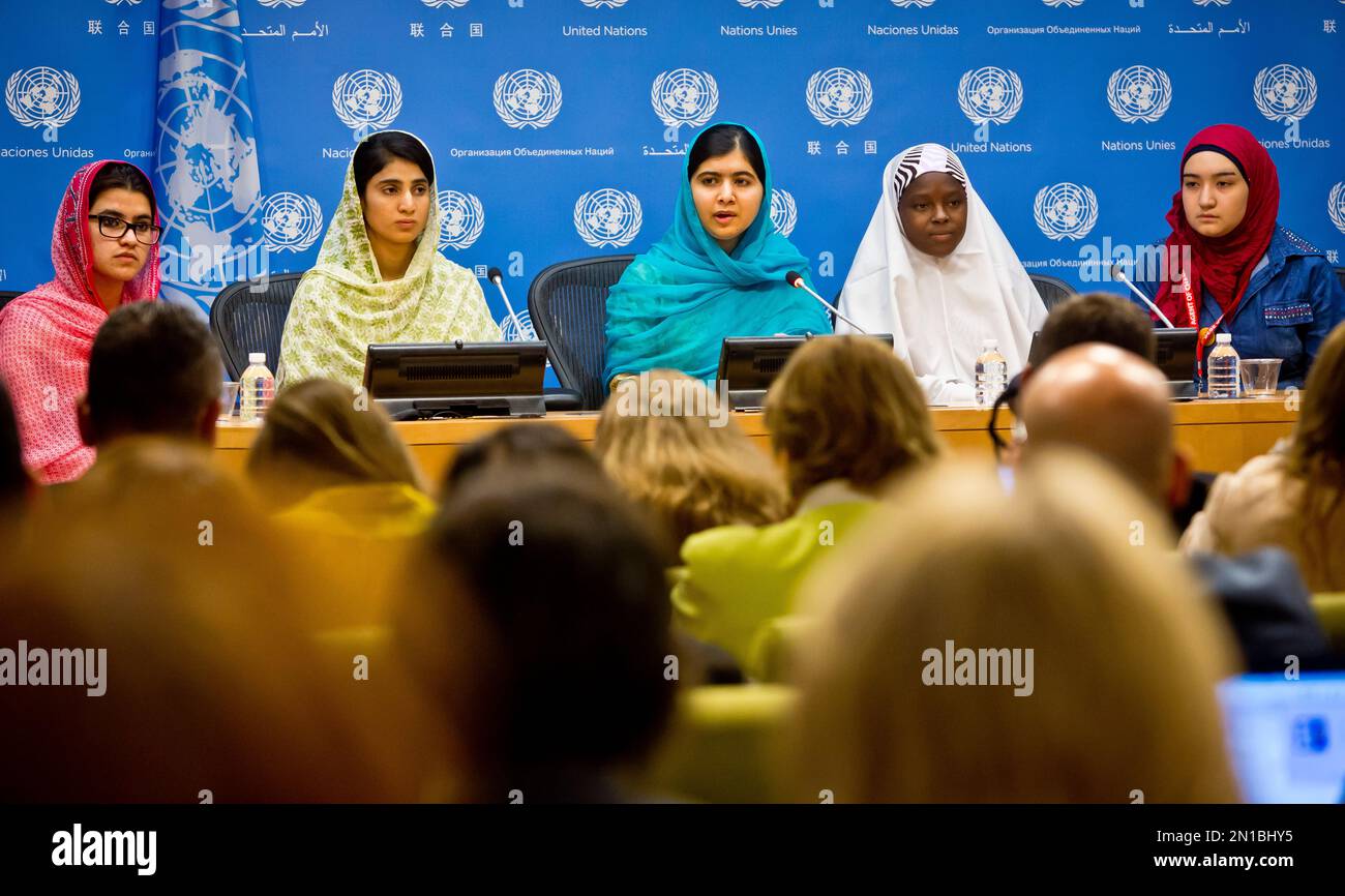 Nobel Peace Prize winner Malala Yousafzai, center, hold a press ...