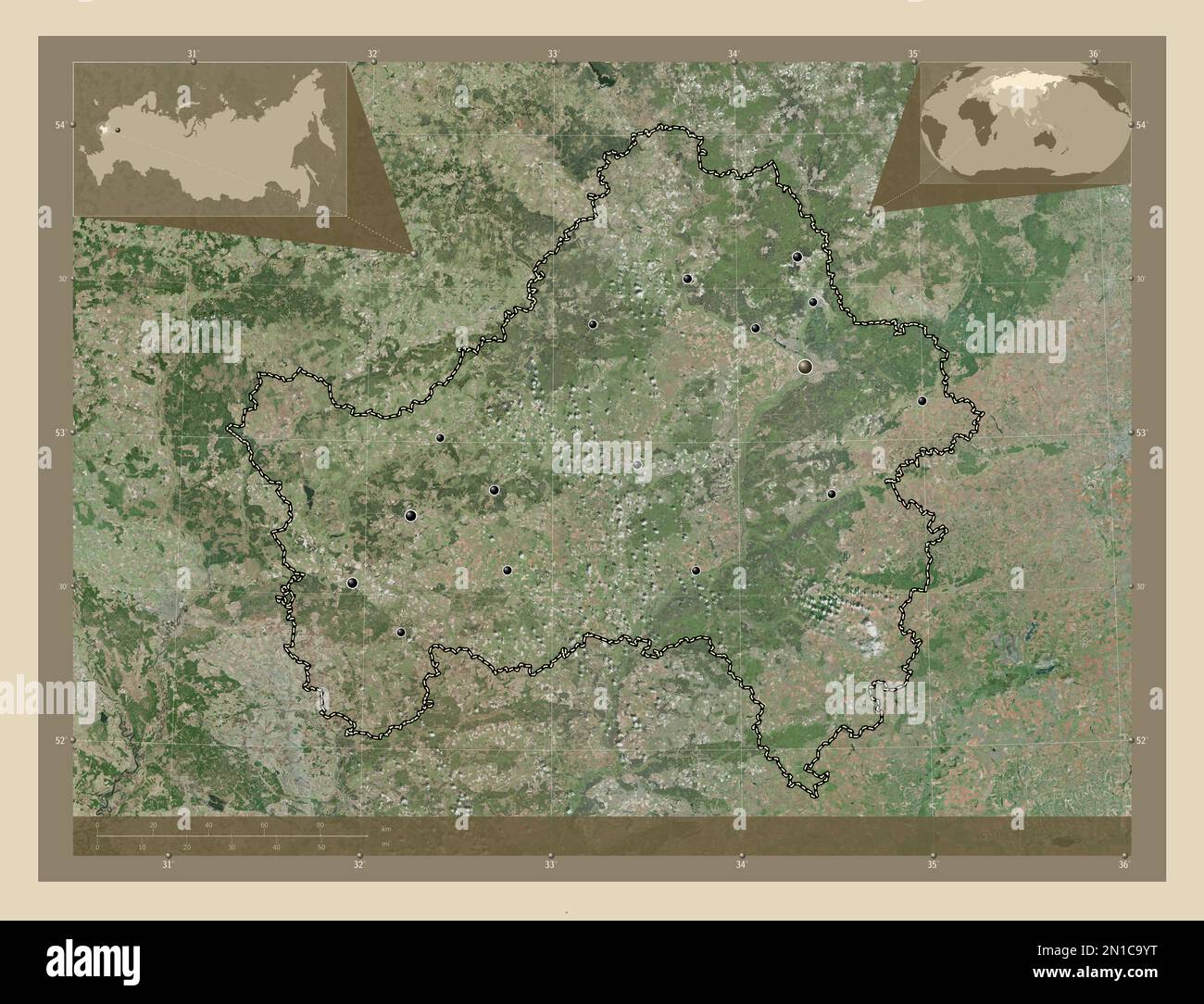Brjansk, Region Russlands. Hochauflösende Satellitenkarte. Standorte ...