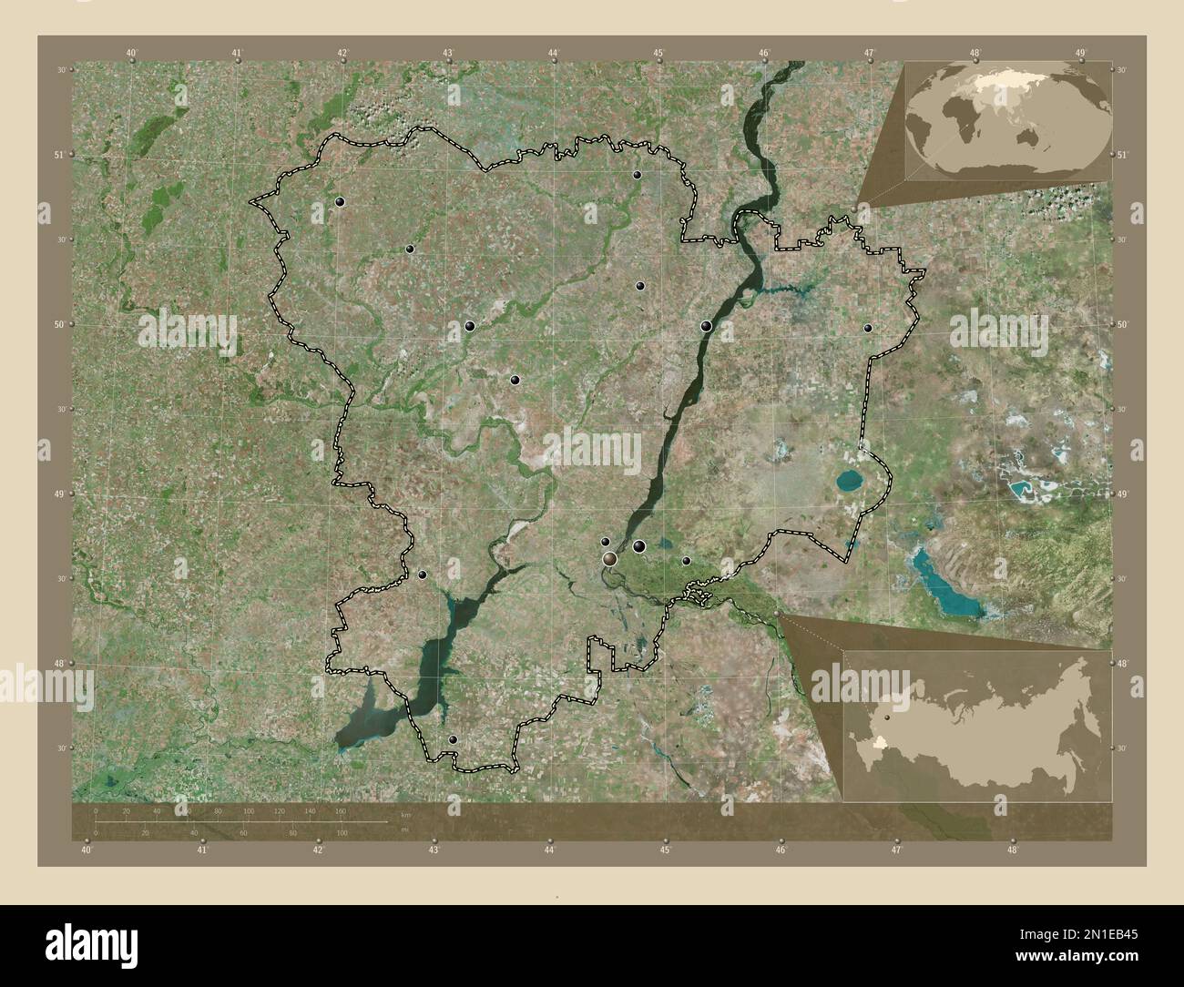 Wolgograd, Region Russlands. Hochauflösende Satellitenkarte. Standorte ...