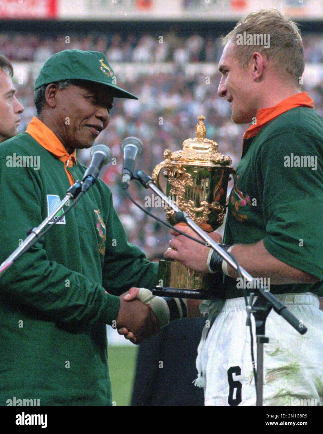 FILE - In this June 24, 1995, file photo, South African rugby captain ...