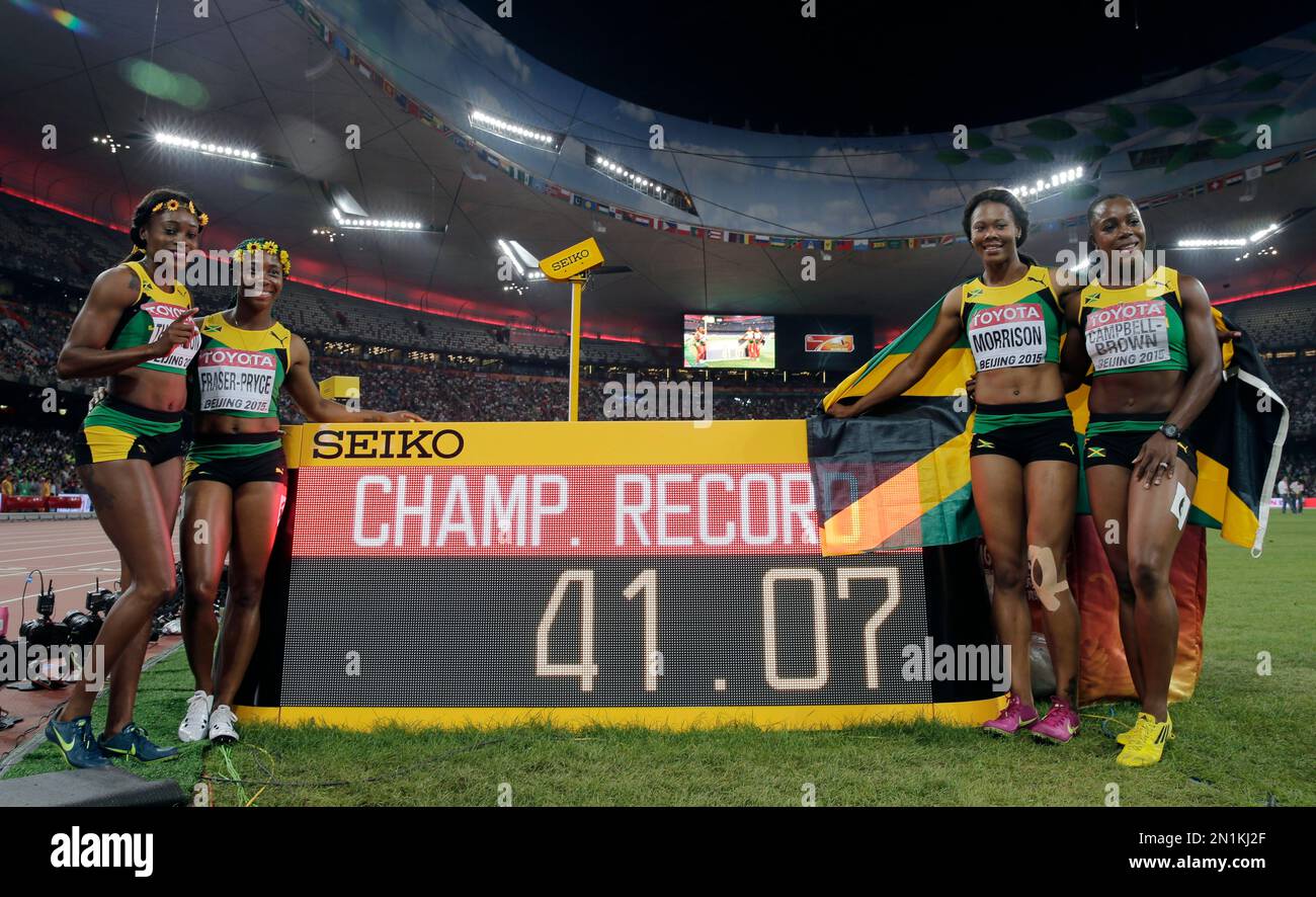 From left, amaica's Elaine Thompson, Shelly-Ann Fraser-Pryce, Natasha ...