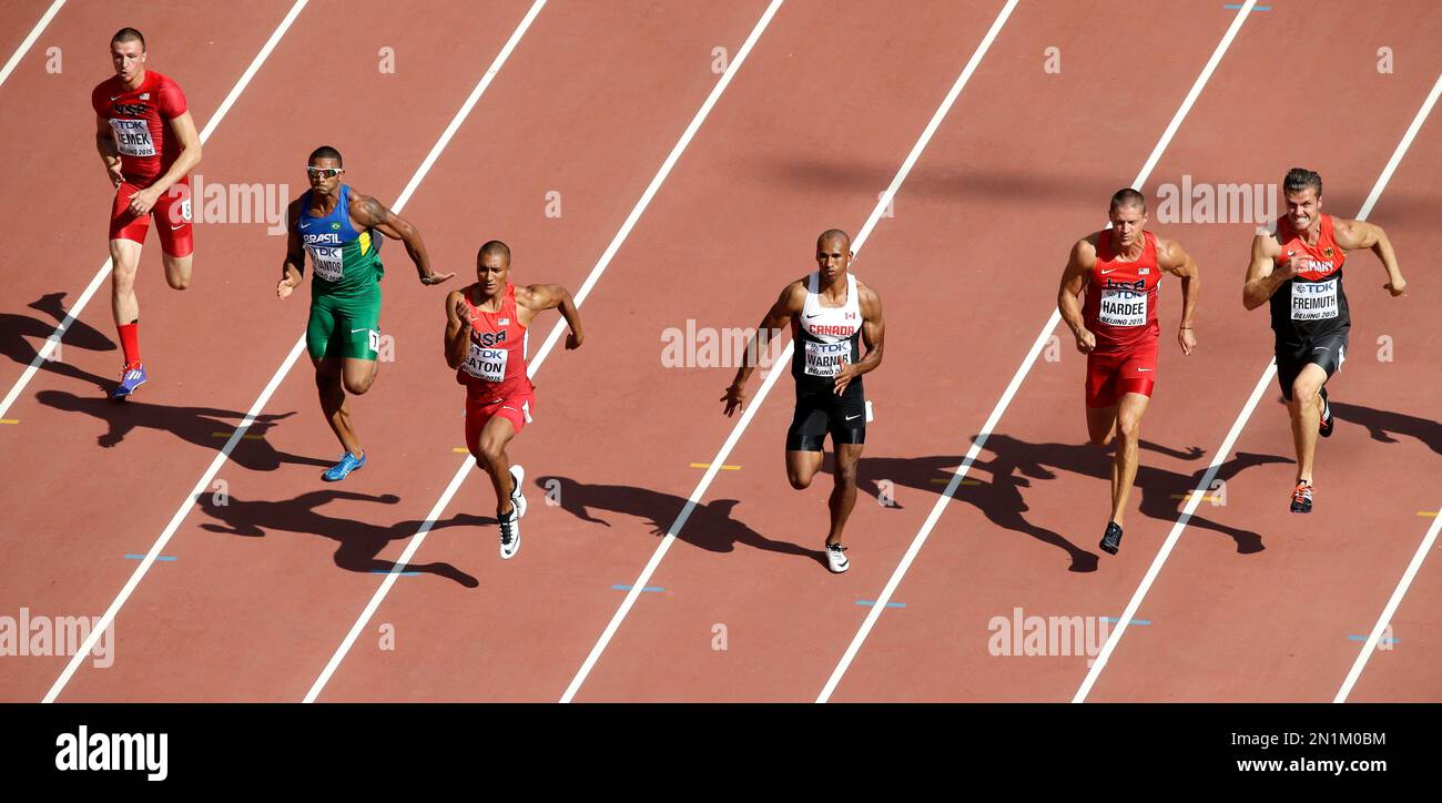 Runner's in a men's 100m decathlon heat from left: United States' Zach ...