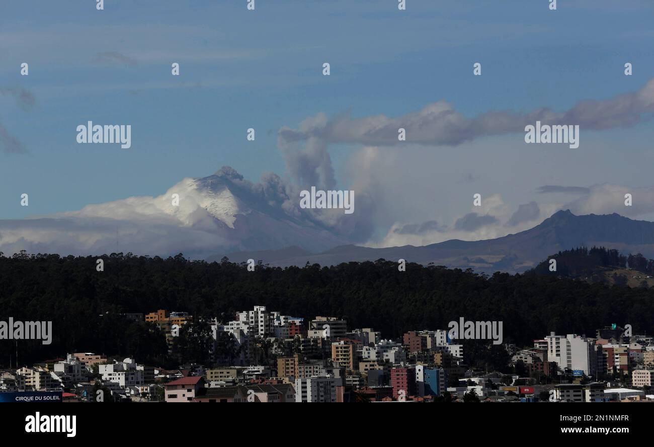 Plumes of smoke and ash billow from the Cotopaxi volcano as seen from ...