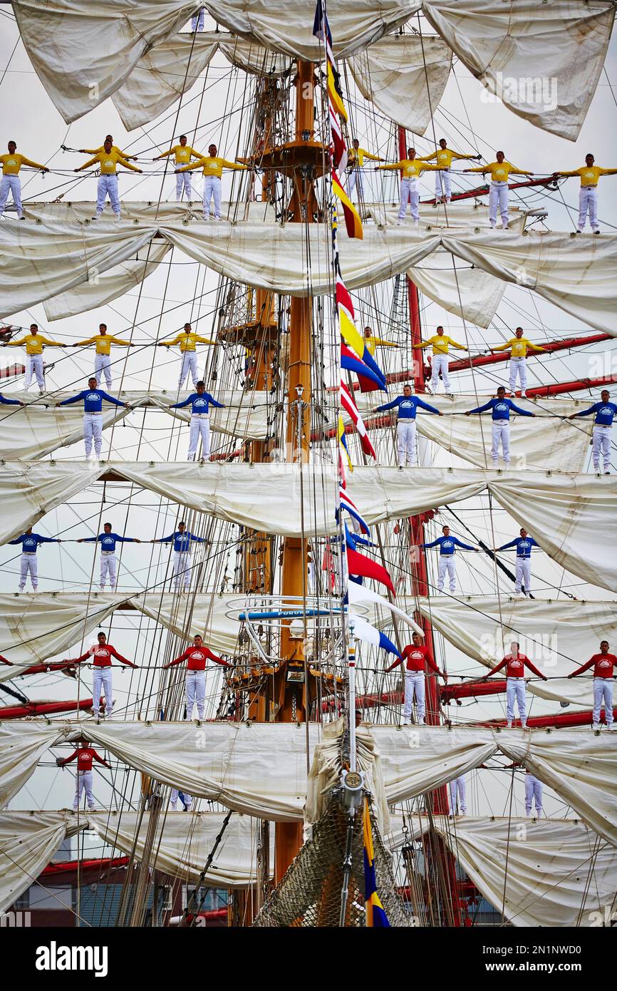 Sailors stand in the rigging of Colombian tall ship ARC Gloria as it ...